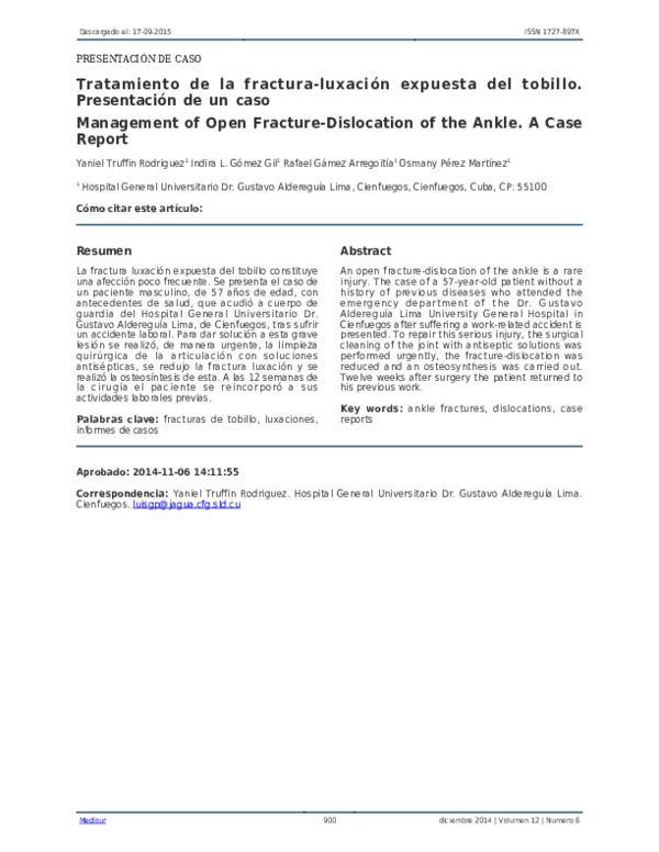 (PDF) Management of Open Fracture-Dislocation of the Ankle. A Case Report