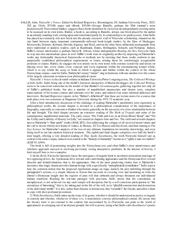 (PDF) Book Review: John Sallis's Nietzsche's Voices