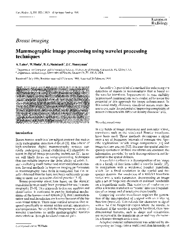 (PDF) Breast imaging Mammographic image processing using wavelet processing techniques