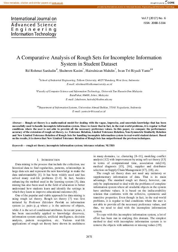 (PDF) A Comparative Analysis of Rough Sets for Incomplete Information System in Student Dataset