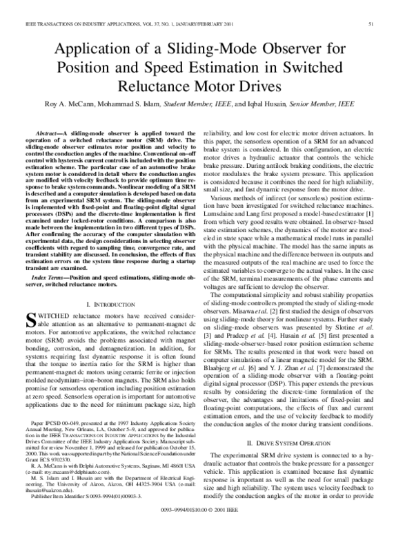 Pdf Application Of A Sliding Mode Observer For Position And Speed Estimation In Switched