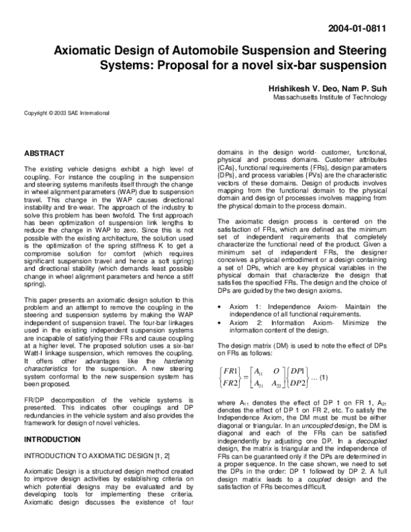 (PDF) Axiomatic Design of Automobile Suspension and Steering Systems: Proposal for a Novel Six ...