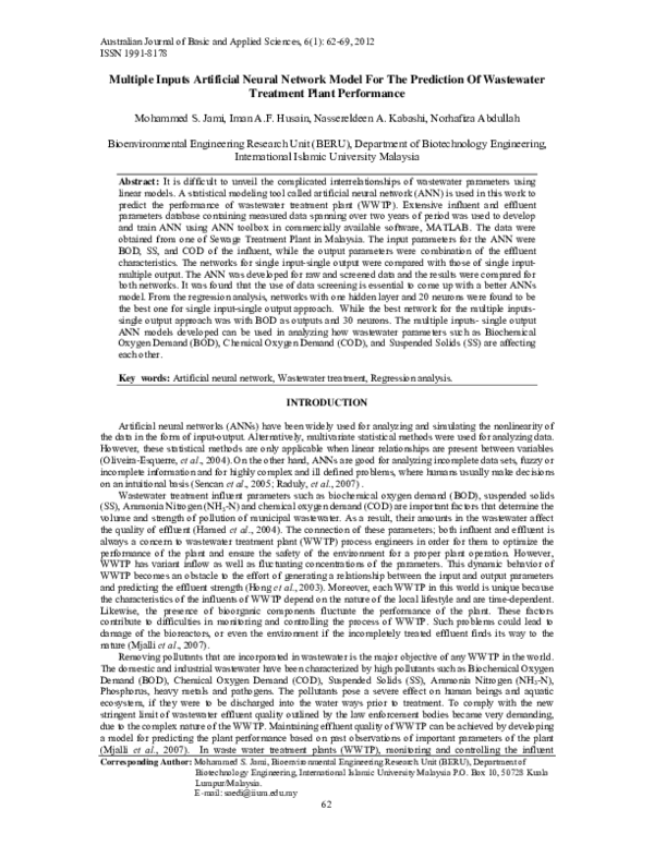 (PDF) Multiple Inputs Artificial Neural Network Model For The Prediction Of Wastewater Treatment ...