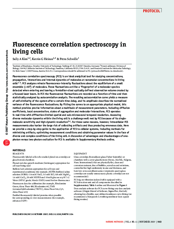 (PDF) Fluorescence correlation spectroscopy in living cells | Petra Schwille - Academia.edu
