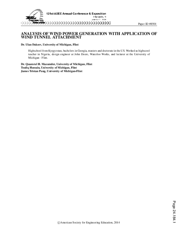 (PDF) Analysis of Wind Power Generation with Application of Wind Tunnel ...