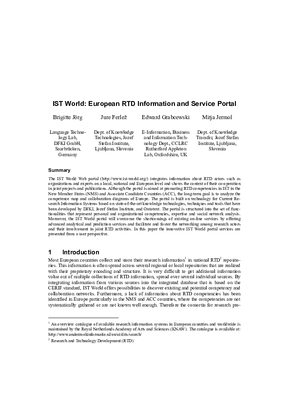 (PDF) IST World: European RTD information and service portal