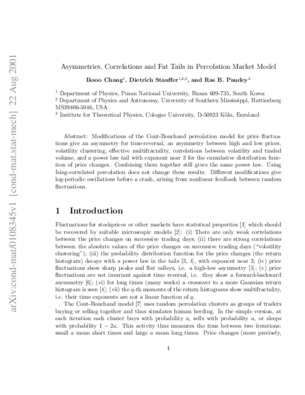 (PDF) Asymmetries, Correlations and Fat Tails in Percolation Market Model