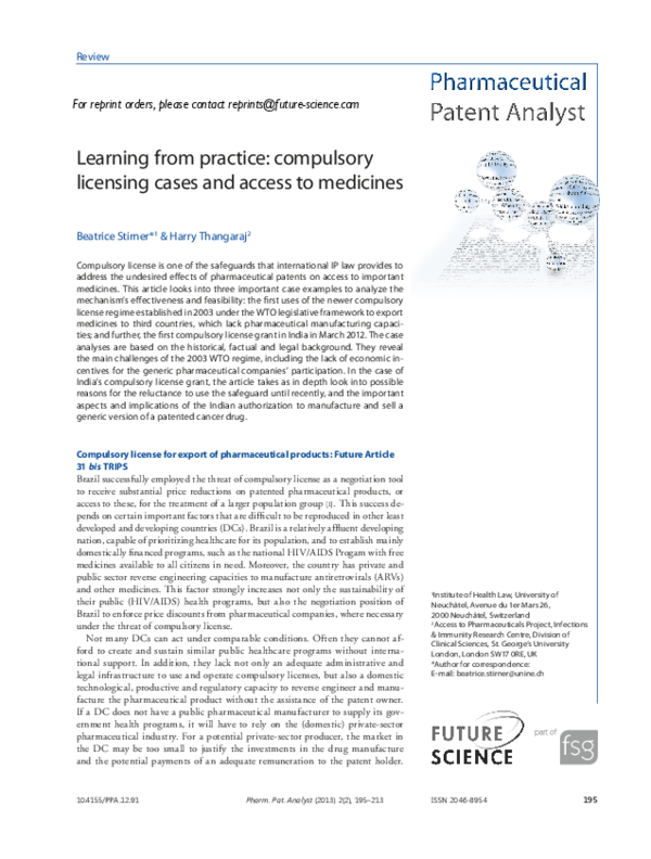 (PDF) Learning from practice: compulsory licensing cases and access to ...