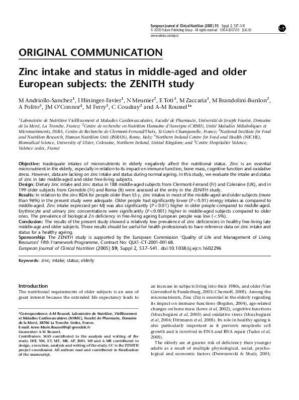 (PDF) Zinc intake and status in middle-aged and older European subjects ...