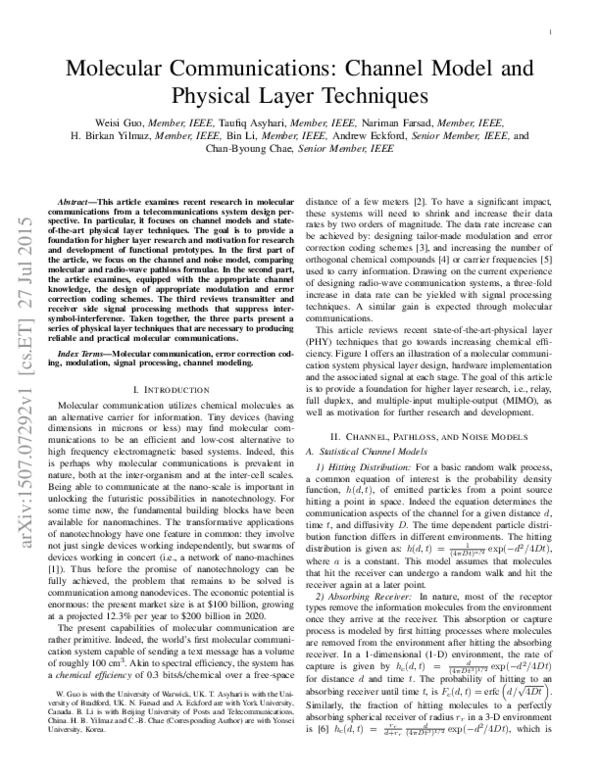 (PDF) Molecular communications: channel model and physical layer techniques