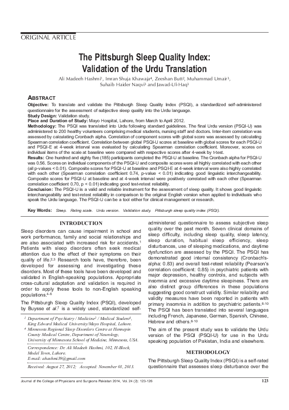 (PDF) The pittsburgh sleep quality index: validation of the urdu ...