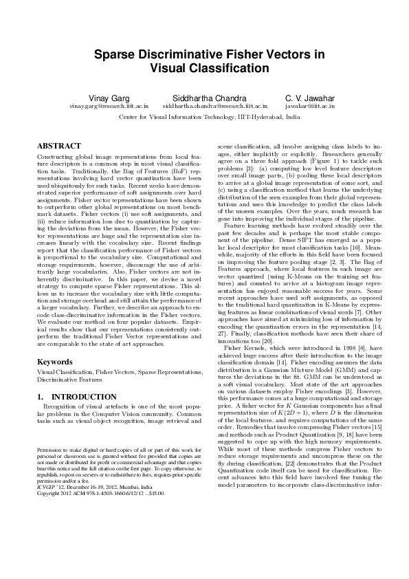 (PDF) Sparse discriminative Fisher vectors in visual classification