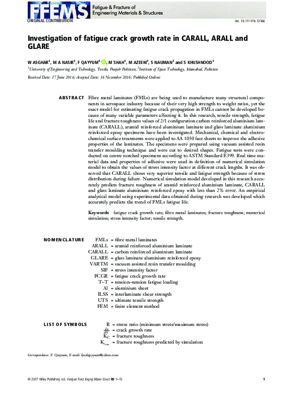 (PDF) Investigation of fatigue crack growth rate in CARALL, ARALL and GLARE