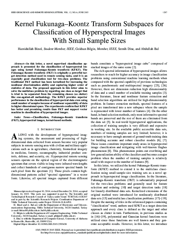 (PDF) Kernel Fukunaga–Koontz Transform Subspaces for Classification of Hyperspectral Images With ...