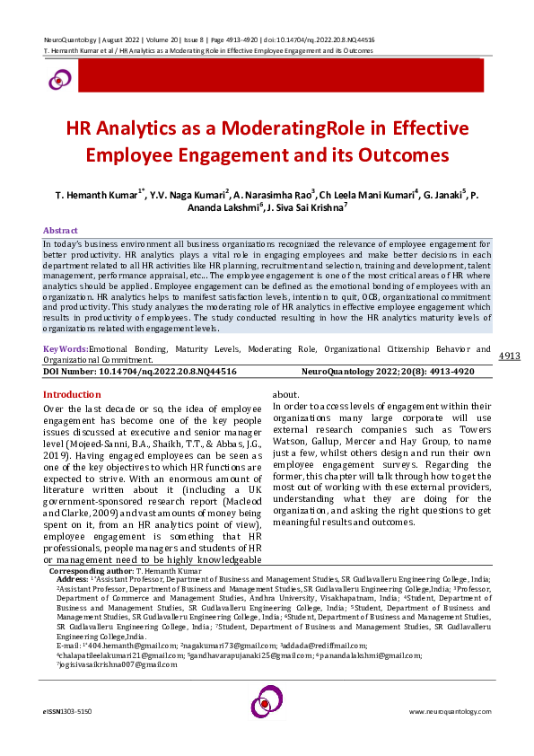 (PDF) HR Analytics as a Moderating Role in Effective Employee Engagement and its Outcomes