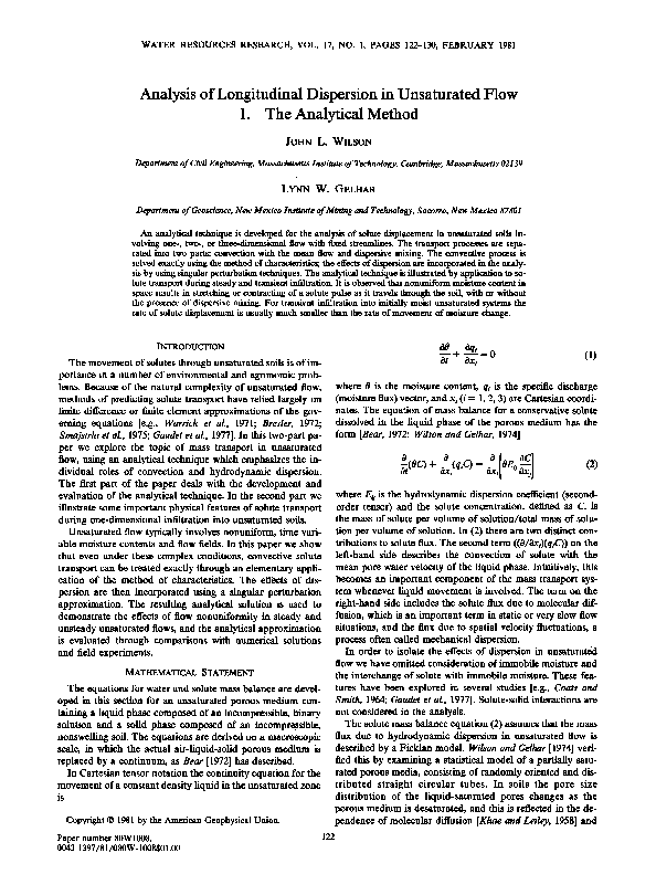 (PDF) Analysis of longitudinal dispersion in unsaturated flow: 1. The analytical method