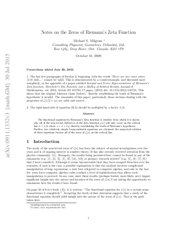 (PDF) Notes on the Zeros of Riemann's Zeta Function