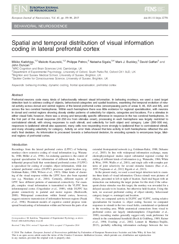 Pdf Spatial And Temporal Distribution Of Visual Information Coding In Lateral Prefrontal Cortex