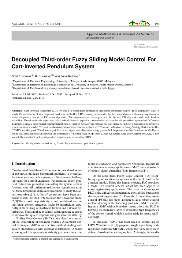 (PDF) Decoupled Third-order Fuzzy Sliding Model Control For Cart-Inverted Pendulum System