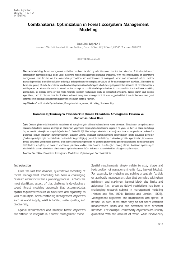 (PDF) Combinatorial Optimization in Forest Ecosystem Management Modeling