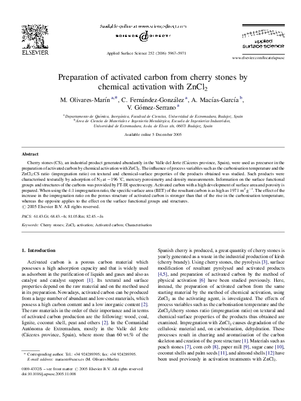 (PDF) Preparation of activated carbon from cherry stones by chemical activation with ZnCl2