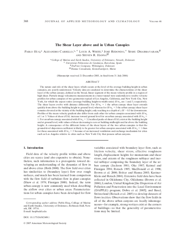 (PDF) The Shear Layer above and in Urban Canopies