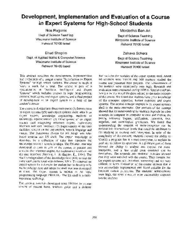 (PDF) Development, implementation and evaluation of a course in expert systems for high-school ...
