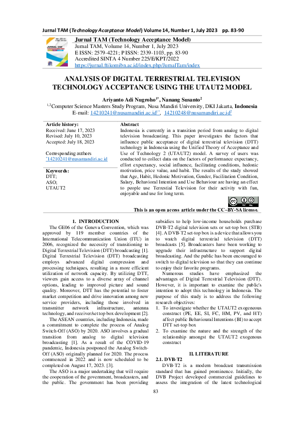 (PDF) ANALYSIS OF DIGITAL TERRESTRIAL TELEVISION TECHNOLOGY ACCEPTANCE USING THE UTAUT2 MODEL