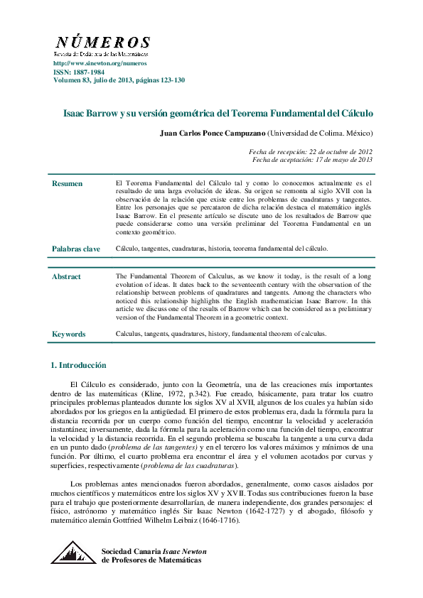 (PDF) Isaac Barrow y su versión geométrica del Teorema Fundamental del ...
