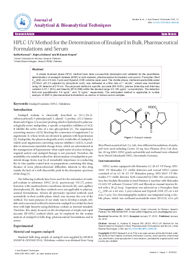(PDF) HPLC-UV Method for the Determination of Enalapril in Bulk, Pharmaceutical Formulations and ...