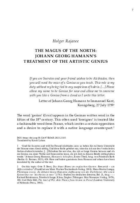 (PDF) The Magus of the North: Johann Georg Hamann’s Treatment of the Artistic Genius | holger ...