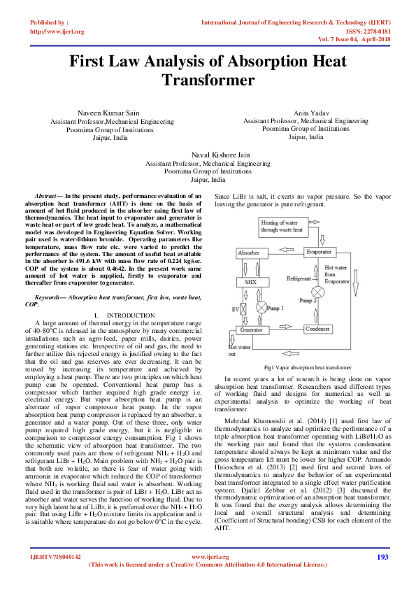 (PDF) First Law Analysis of Absorption Heat Transformer