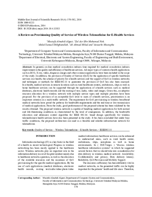 (PDF) Provisioning Quality of Service of Wireless Telemedicine for E-Health Services: A Review