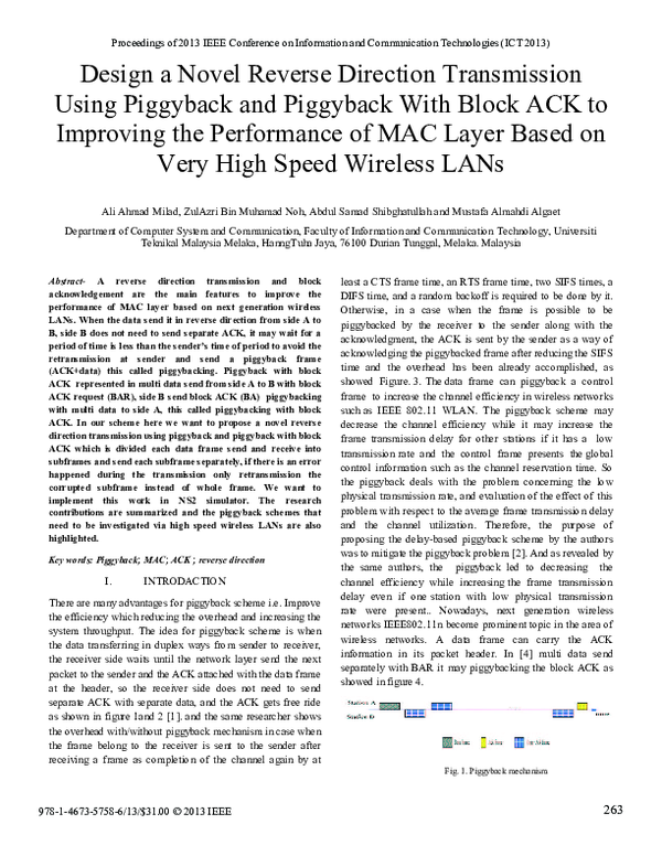 (PDF) Design a novel reverse direction transmission using piggyback and piggyback with block ACK ...