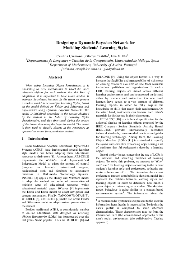 (PDF) Designing a Dynamic Bayesian Network for modeling students' Learning Styles