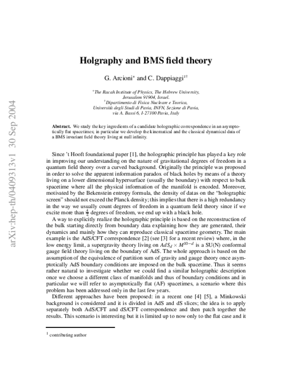 (PDF) Holography and BMS field theory