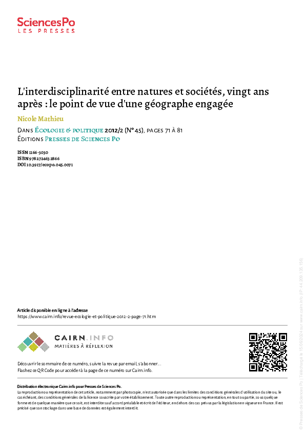 (PDF) L'interdisciplinarité entre natures et sociétés, vingt ans après ...