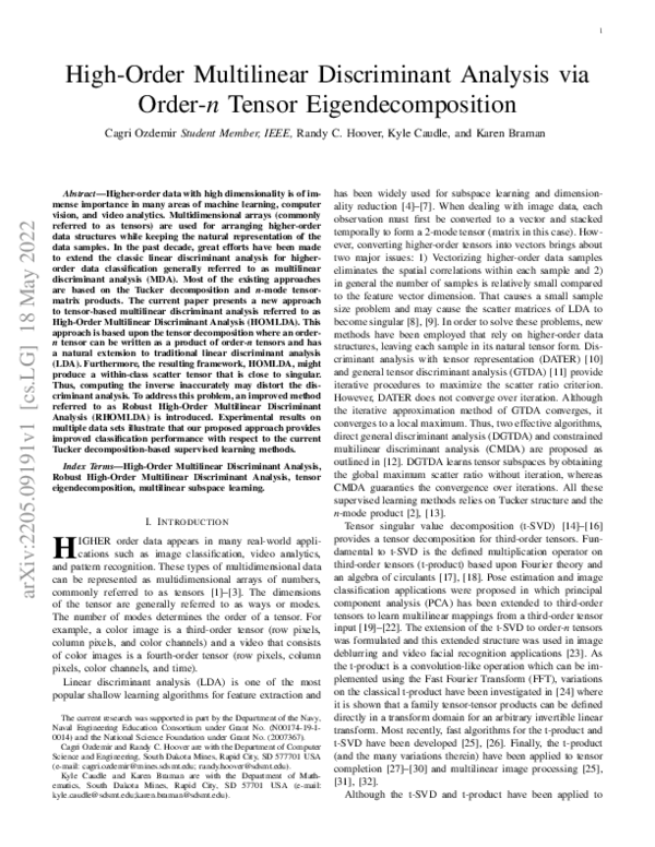 (PDF) High-Order Multilinear Discriminant Analysis Via Order-N Tensor Eigendecomposition