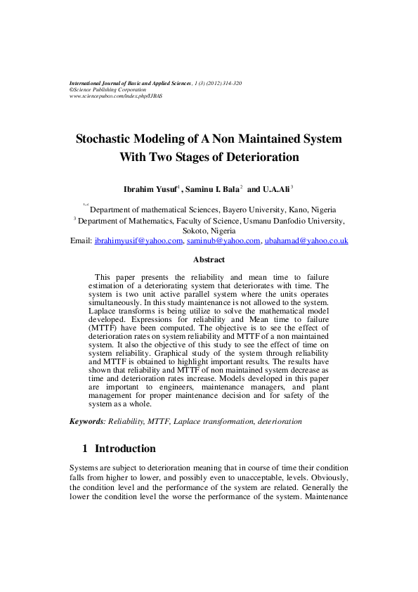 (PDF) Stochastic Modeling of A Non Maintained System With Two Stages of Deterioration | Ibrahim ...