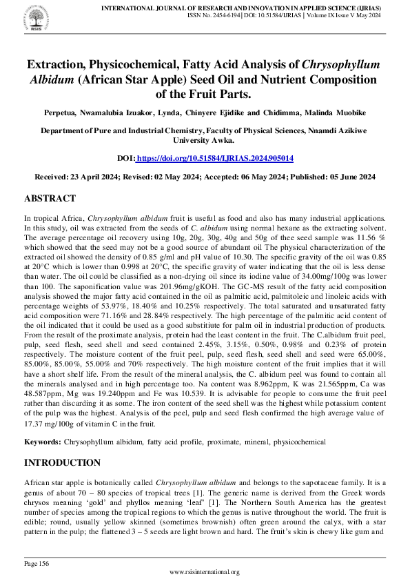 (PDF) Extraction, Physicochemical, Fatty Acid Analysis of Chrysophyllum ...