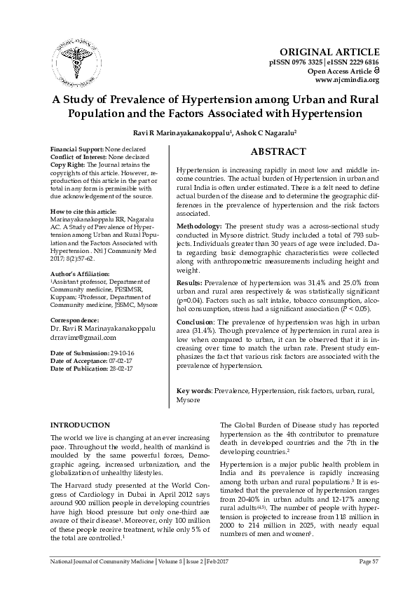 (PDF) A Study of Prevalence of Hypertension among Urban and Rural ...