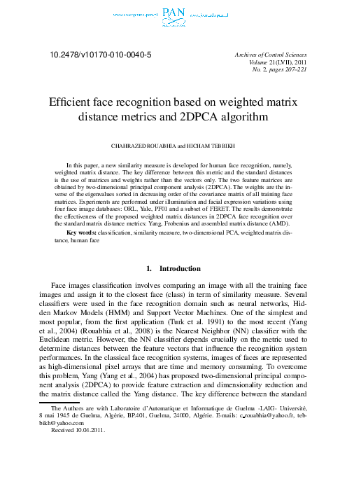 (PDF) Efficient face recognition based on weighted matrix distance metrics and 2DPCA algorithm