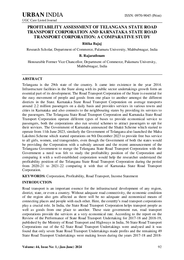 (PDF) PROFITABILITY ASSESSMENT OF TELANGANA STATE ROAD TRANSPORT ...