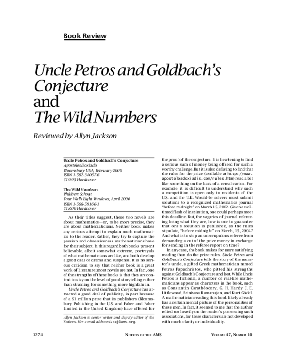 (PDF) Uncle Petros and Goldbach's Conjecture