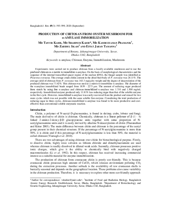 (PDF) Production of chitosan from Oyster mushroom for α-amylase immobilization | Tanvir Kabir ...