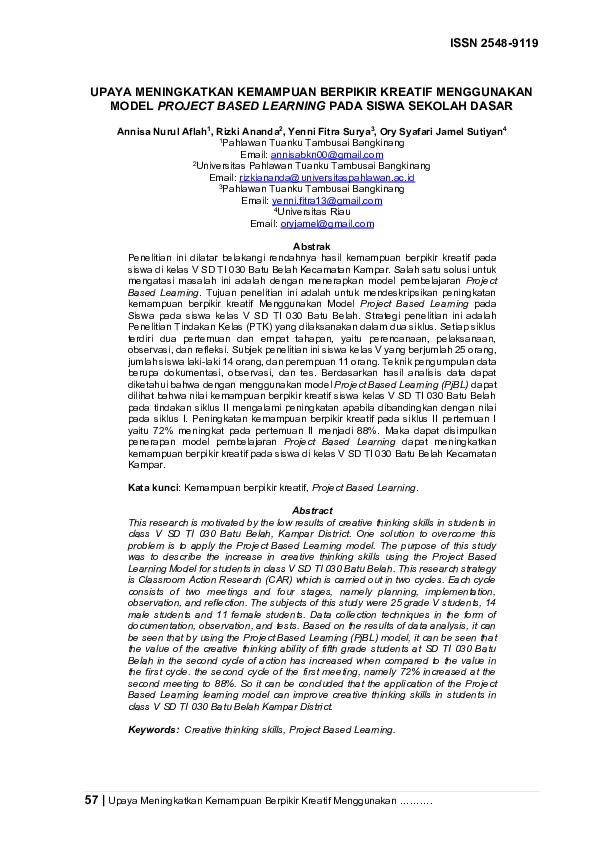 (PDF) Upaya Meningkatkan Kemampuan Berpikir Kreatif Menggunakan Model Project Based Learning ...