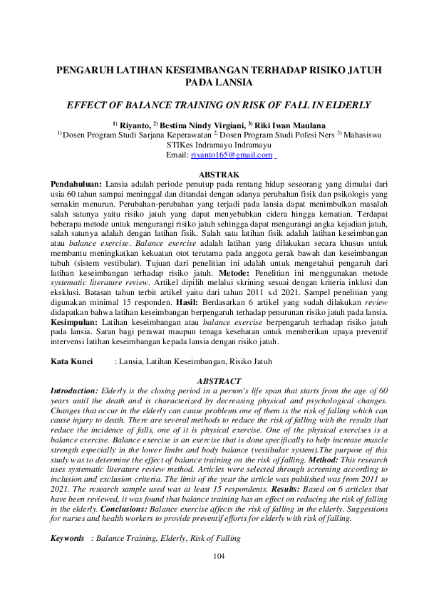 (PDF) Pengaruh Latihan Keseimbangan Terhadap Risiko Jatuh Pada Lansia