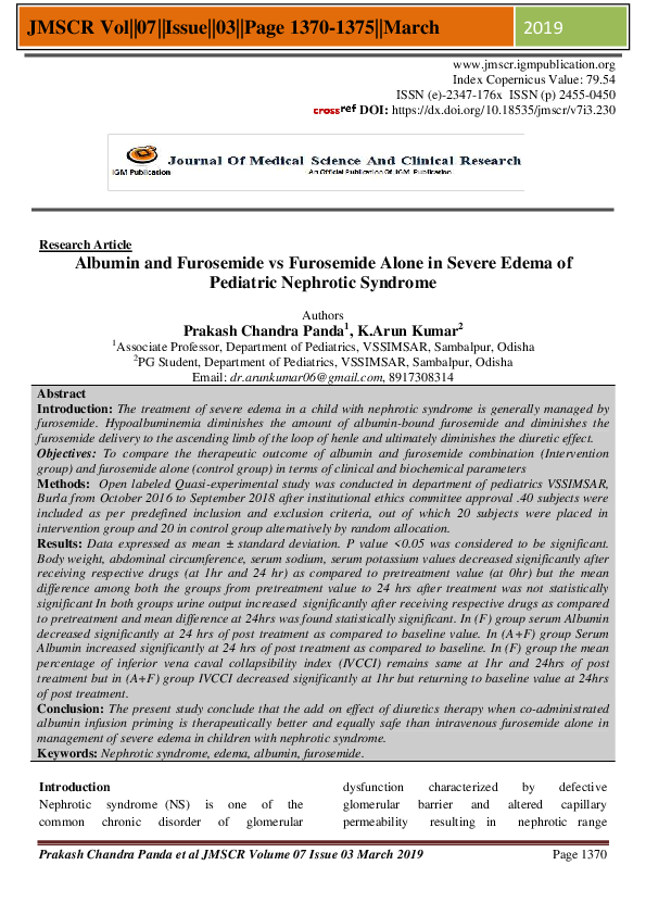(PDF) Albumin and Furosemide vs Furosemide Alone in Severe Edema of ...