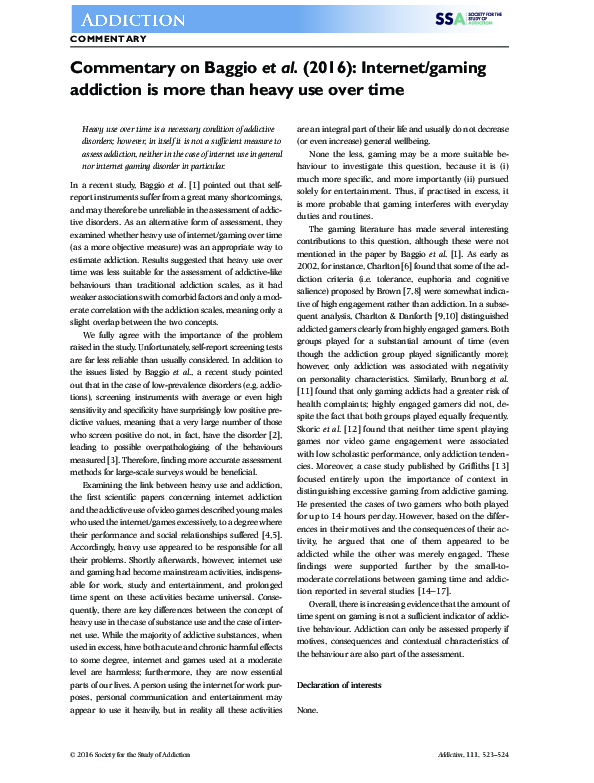 (PDF) Commentary on Baggio et al. (2016): Internet/gaming addiction is more than heavy use over time