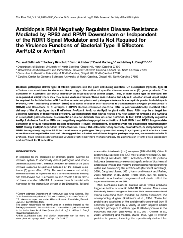(PDF) Arabidopsis RIN4 Negatively Regulates Disease Resistance Mediated ...